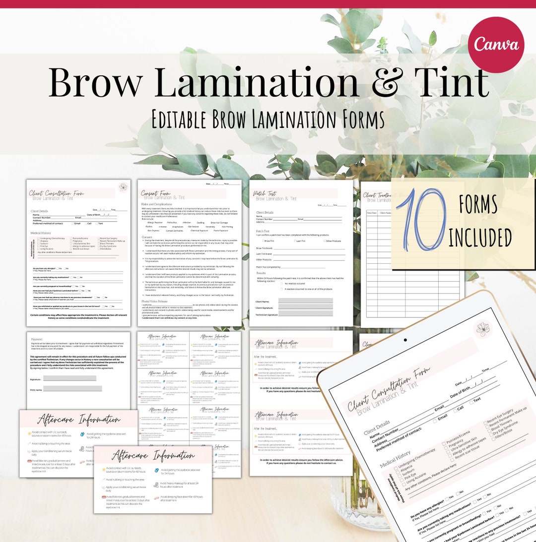 Editable Brow Lamination and Tint Consultation Form Bundle, Consent ...