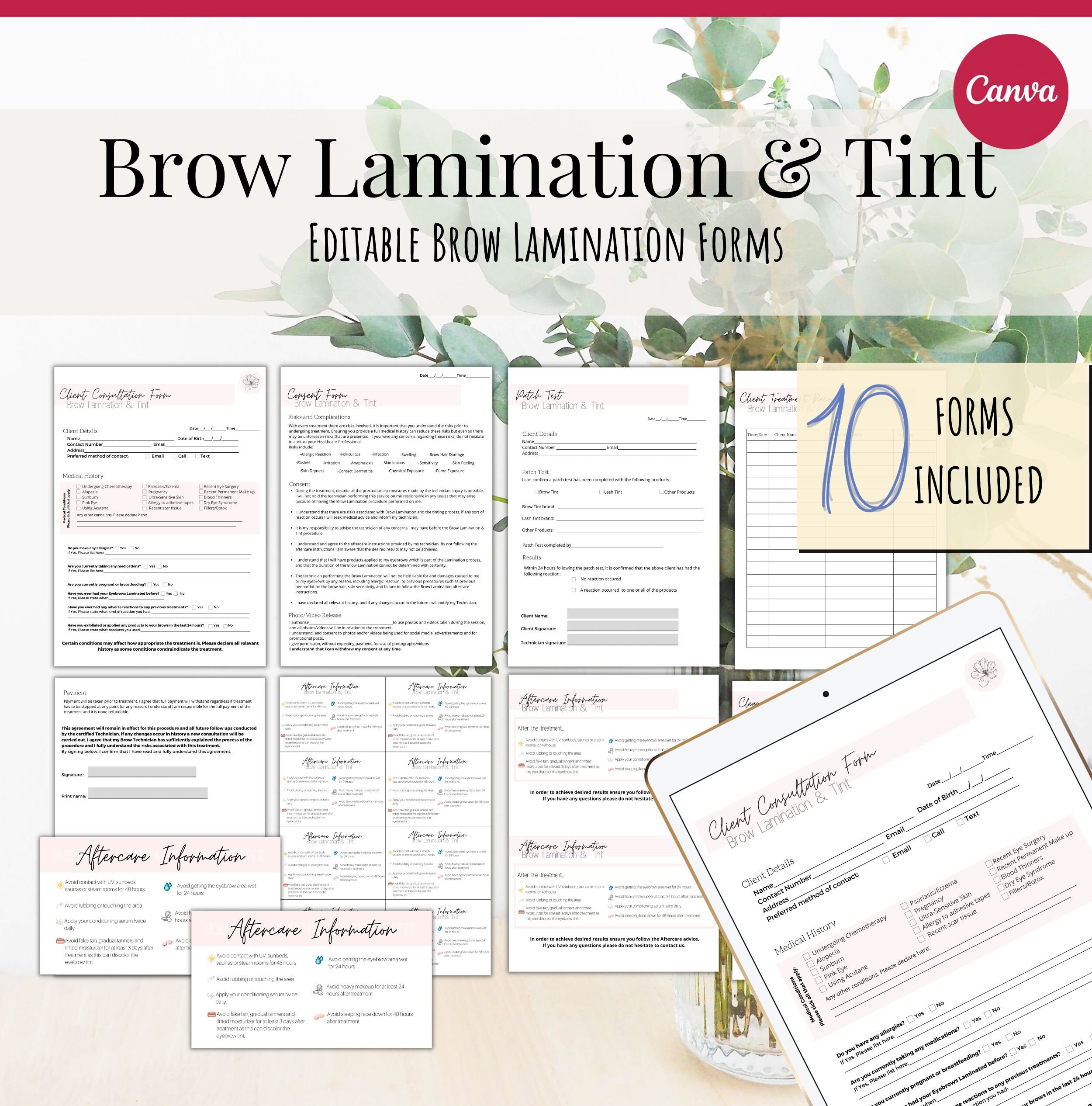 Editable Brow Lamination and Tint Consultation Form Bundle, Consent ...