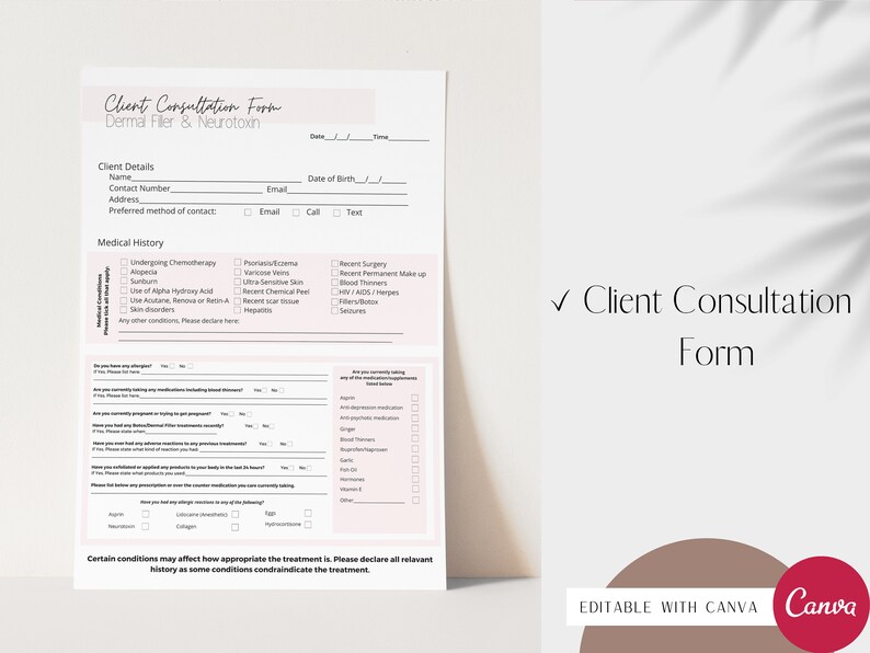 Editable Botox Botulinum Toxin Dermal Filler Consent Form - Etsy UK
