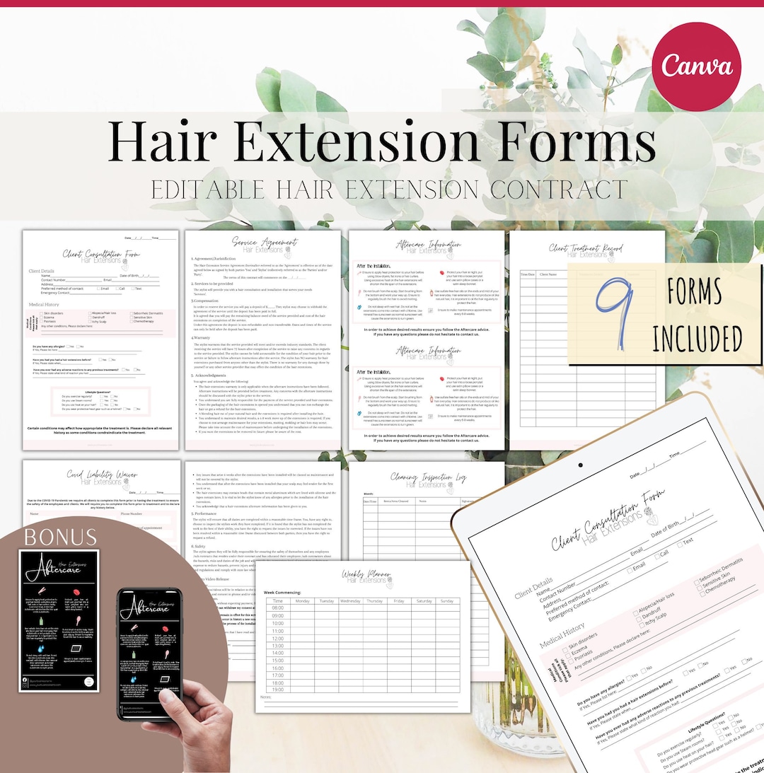 EDITABLE Hair Extensions Contract, Hair Extensions Consultation Form ...
