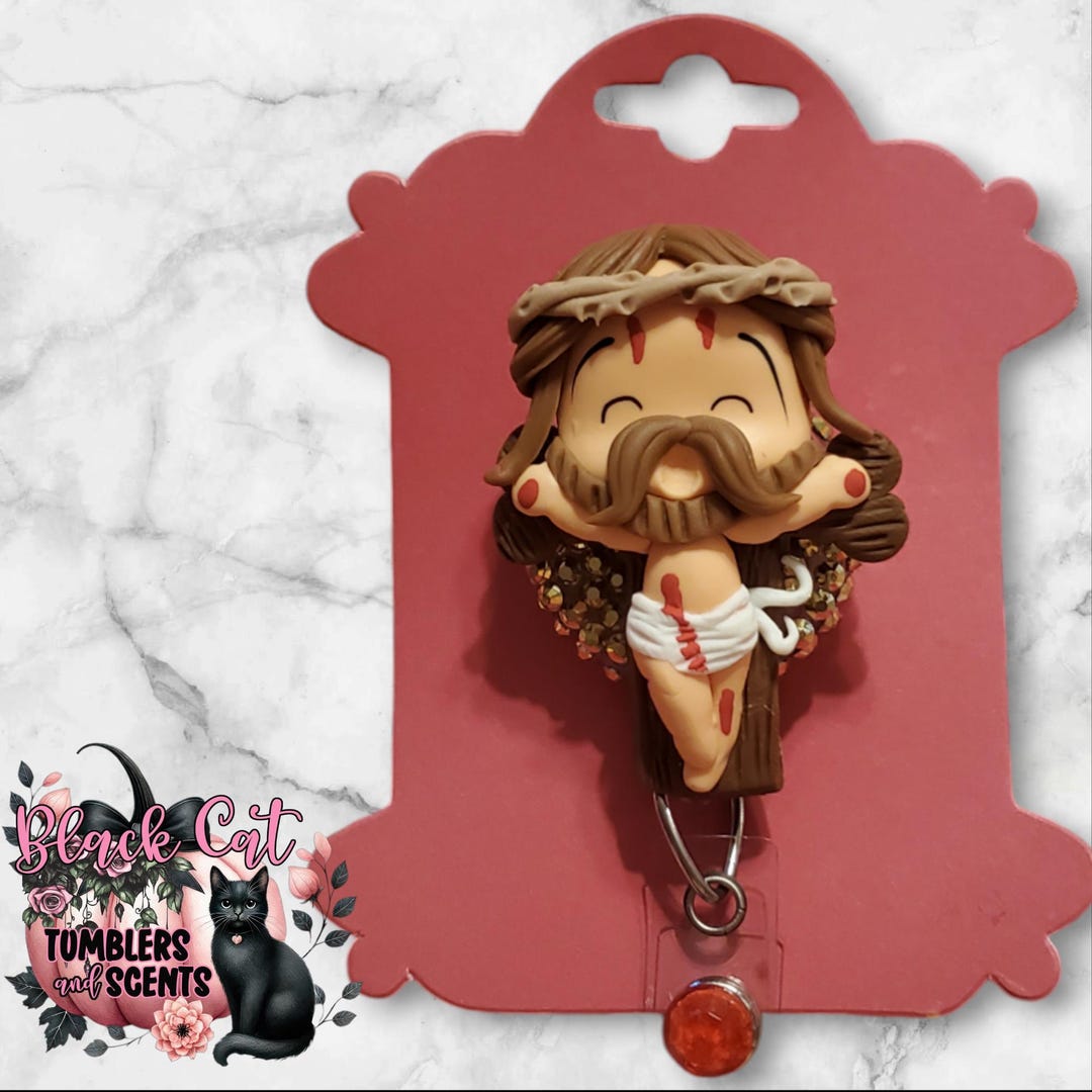 Jesus on Cross Clay Rhinestone Badge/holder Reel/badge Reel/nurse Badge ...