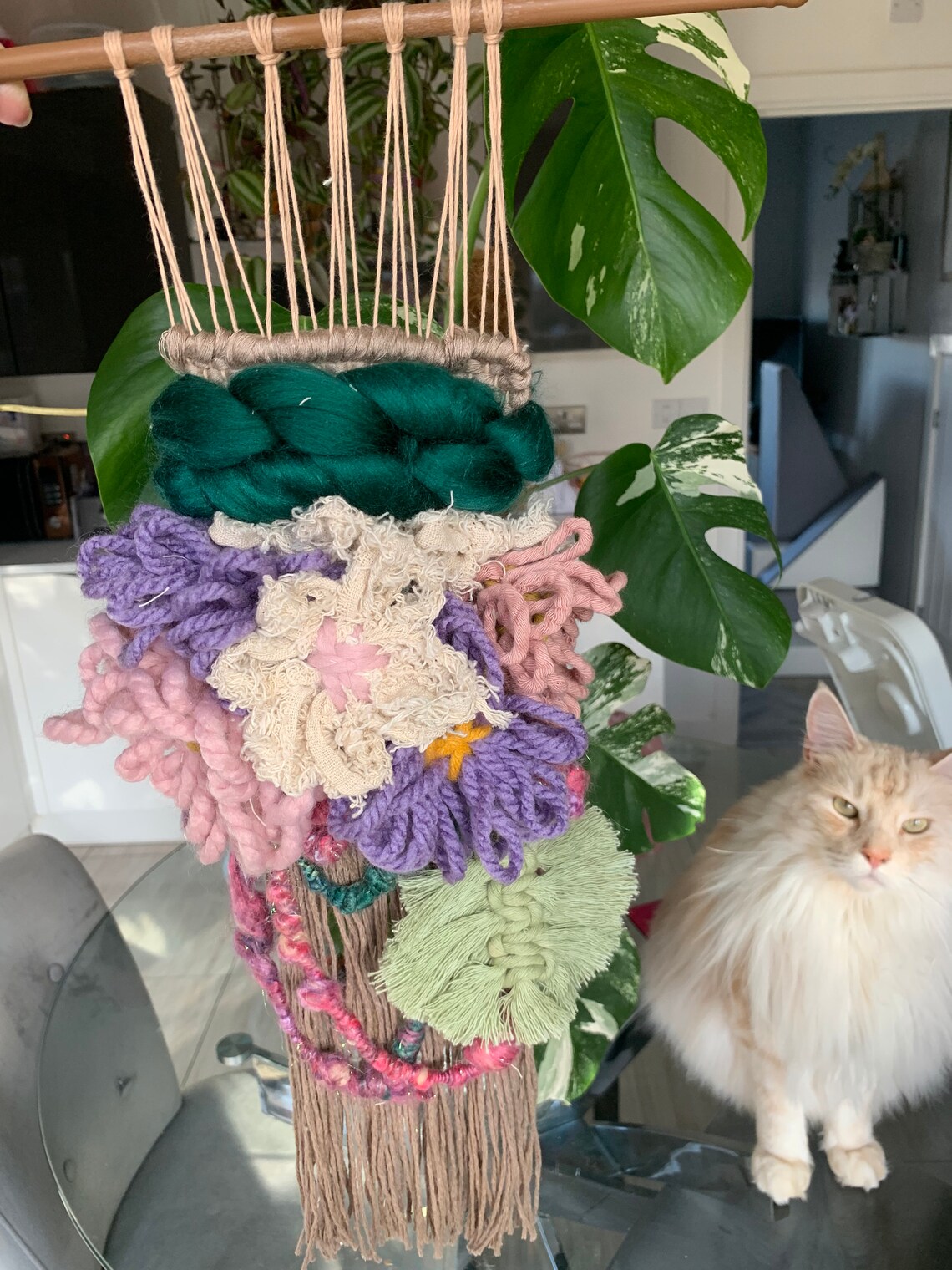 Floral Woven Wall Hanging, Featuring Woven Flowers and Bamboo Hand Spun ...