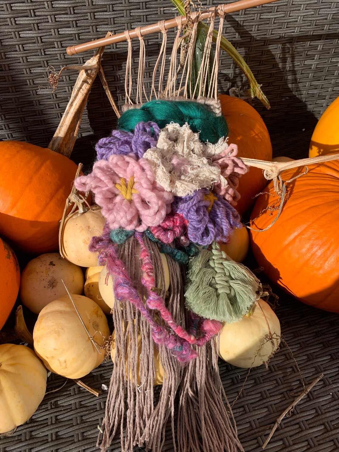 Floral Woven Wall Hanging, Featuring Woven Flowers and Bamboo Hand Spun ...
