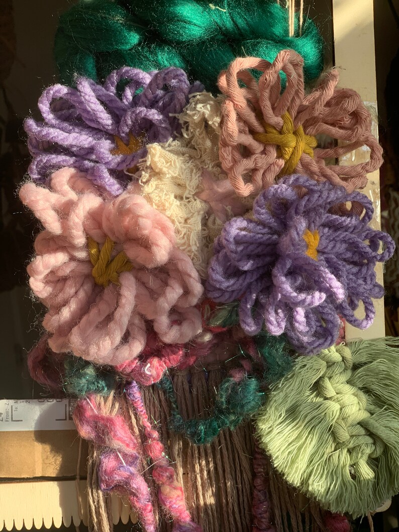 Floral Woven Wall Hanging, Featuring Woven Flowers and Bamboo Hand Spun ...