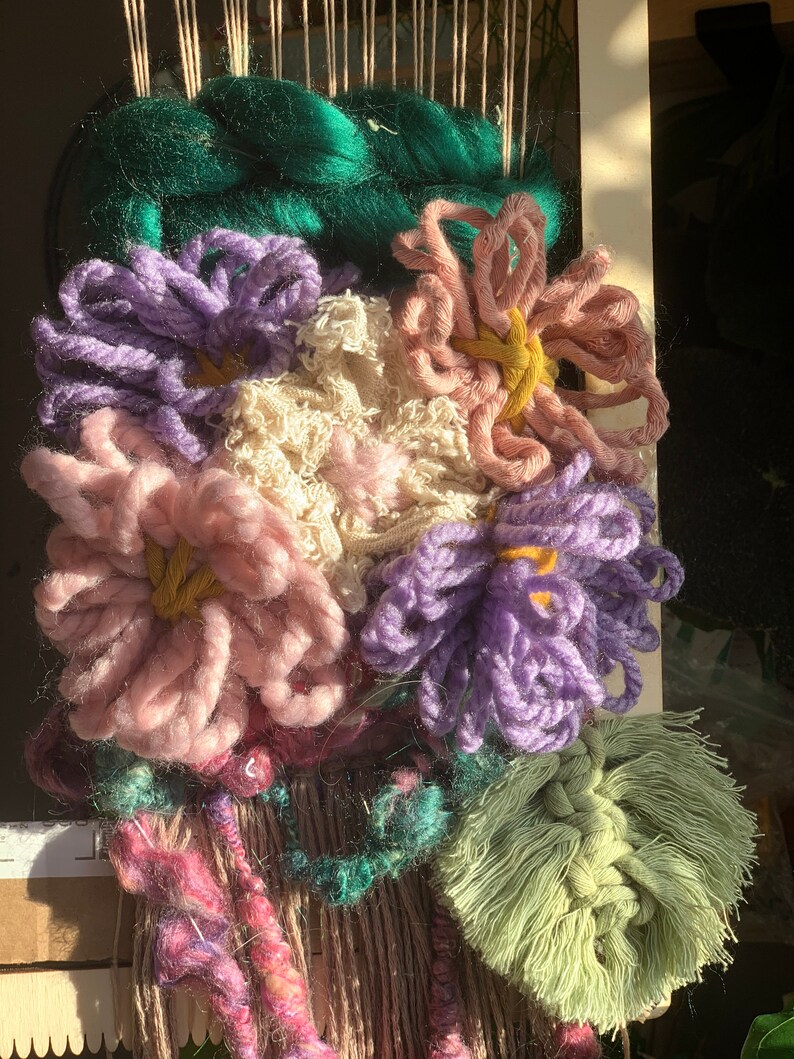 Floral Woven Wall Hanging, Featuring Woven Flowers and Bamboo Hand Spun ...