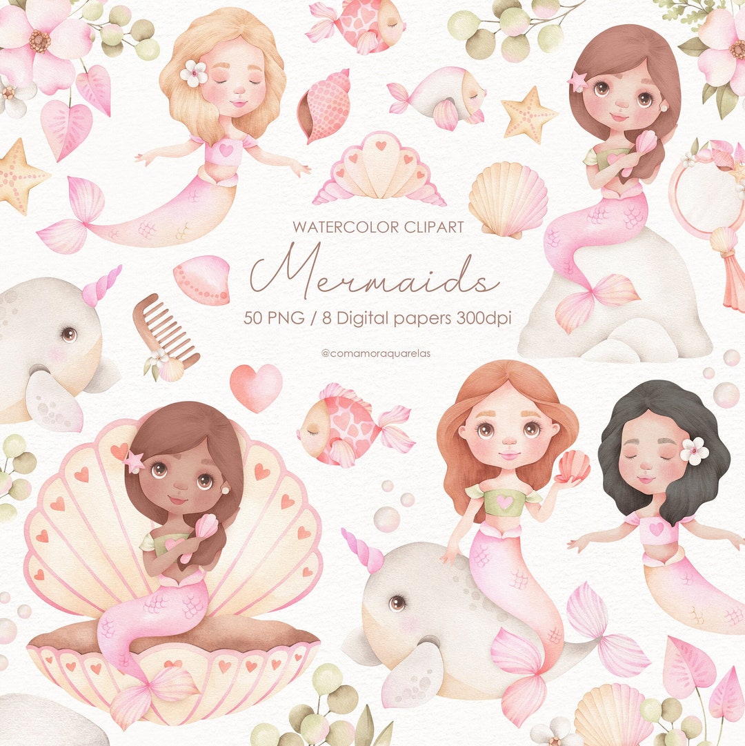 Mermaids Watercolor Clipart, Decor Art, Printable Art, Wallpaper ...