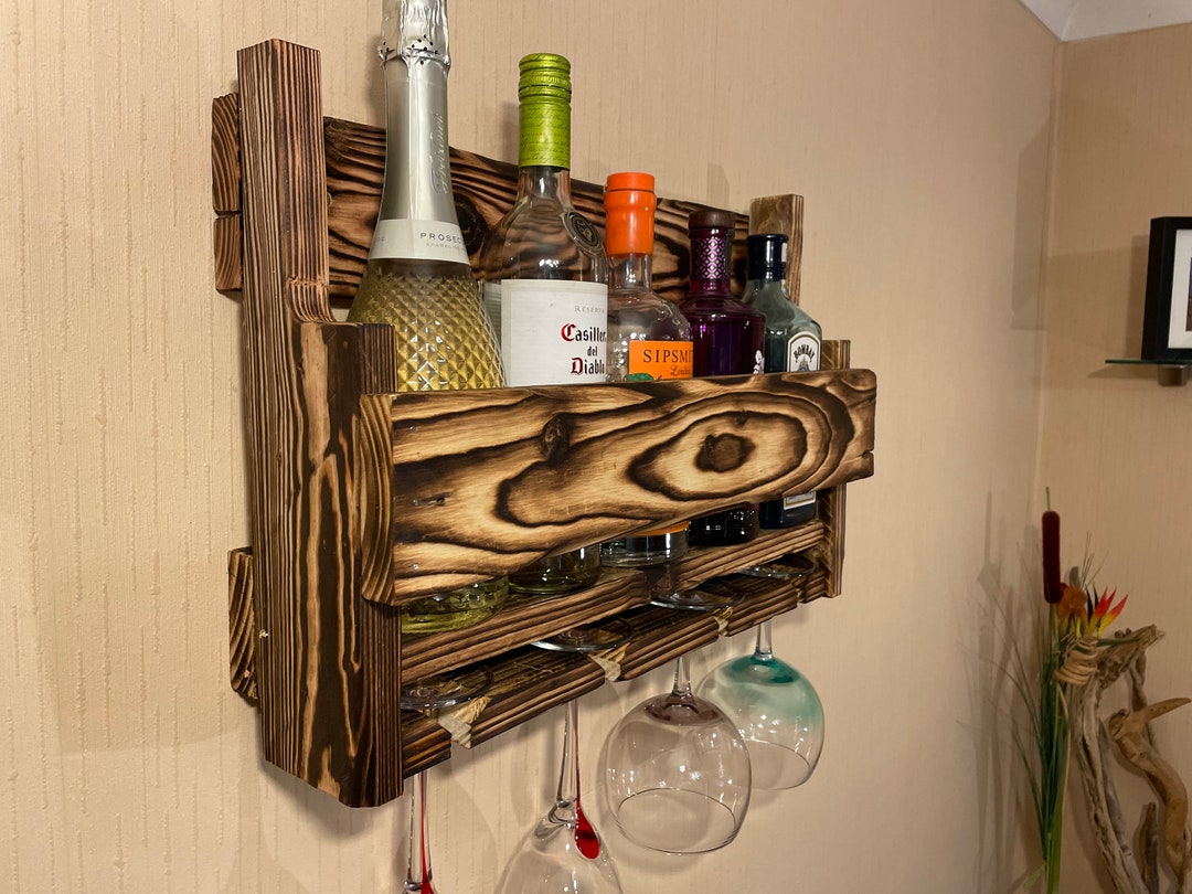 Rustic Wine Rack / Gin Rack With Stem-glass Slots / Yakisugi Inspired ...