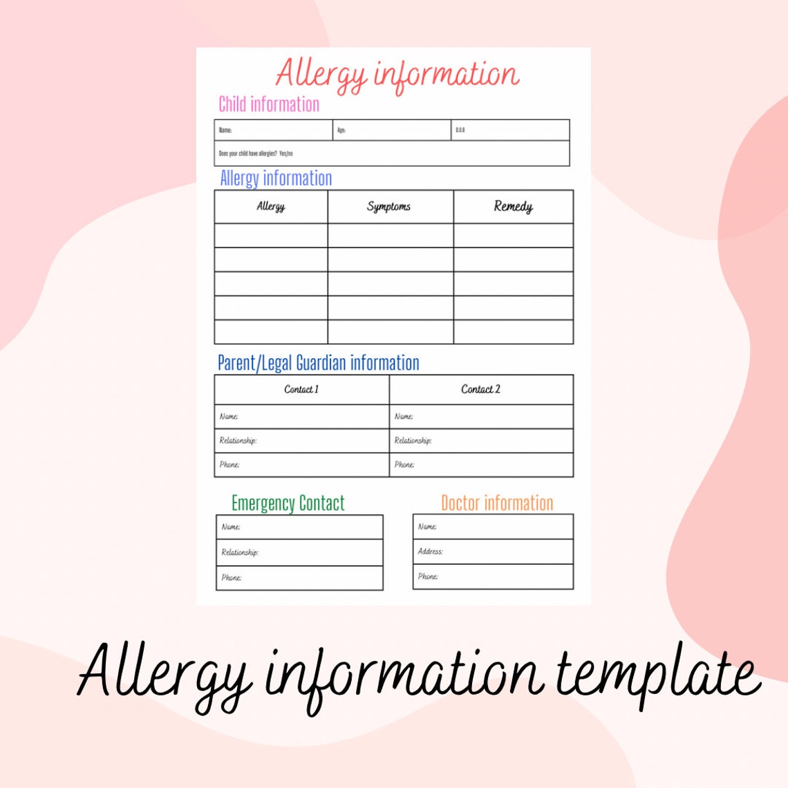 Allergy Information Template - Etsy
