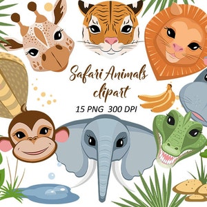 Cute Safari Animals Clipart Lion, Tiger, Giraffe, Crocodile, Zebra ...