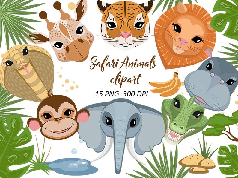 Cute Safari Animals Clipart Lion, Tiger, Giraffe, Crocodile, Zebra ...