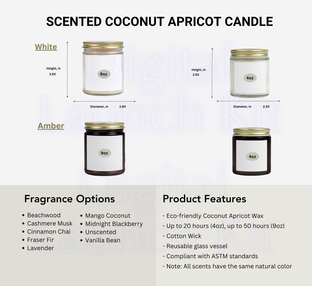 Candle Size Chart: Coconut Apricot Wax, Bulk Candle Guide (PDF) - Etsy