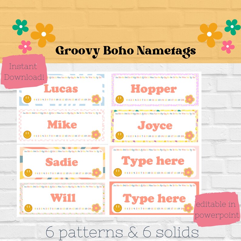 Groovy Boho Name Tags Editable in Powerpoint Class Decor Back to School ...