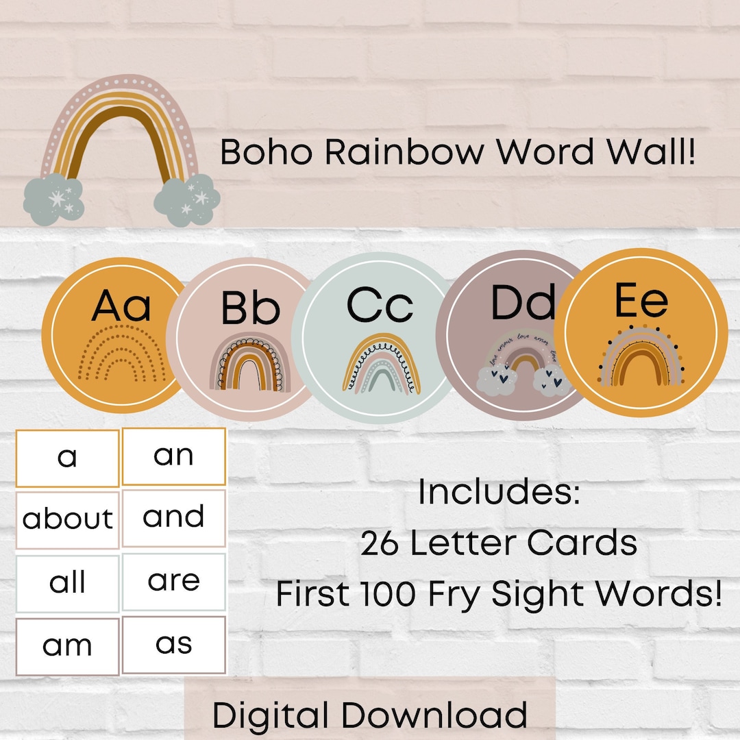 Boho Rainbow Word Wall Digital Download Spring Classroom Decor Rainbow ...