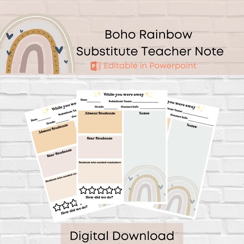 Boho Rainbow Substitute Feedback Form Digital Download Back - Etsy