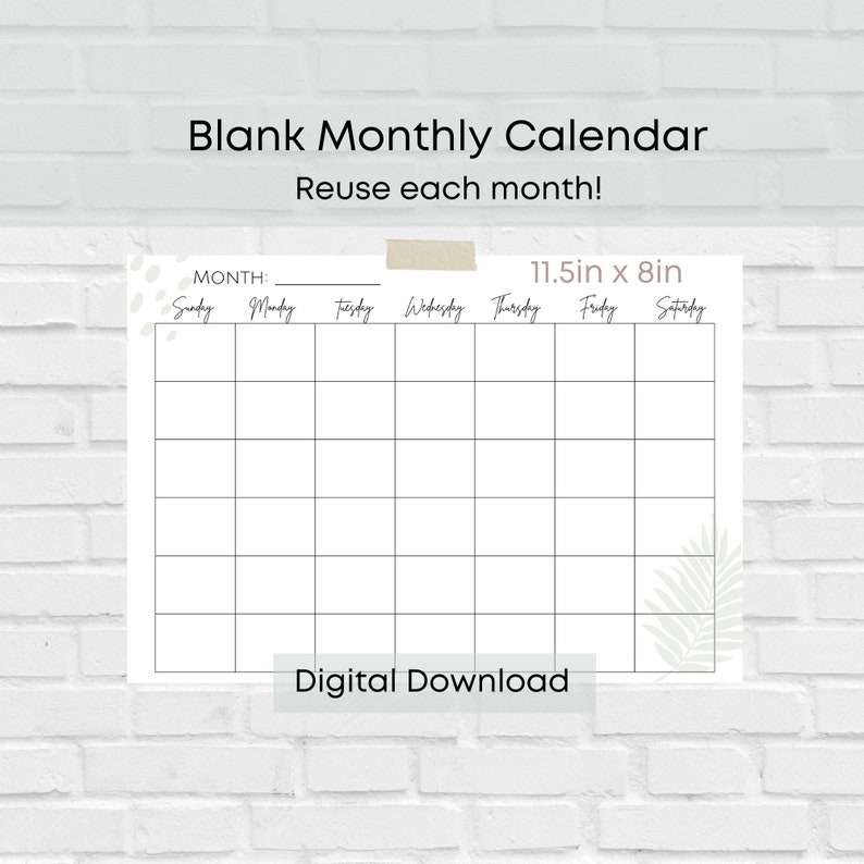 Minimalist Blank Calendar Printable Reuse-able Home Office Decor ...