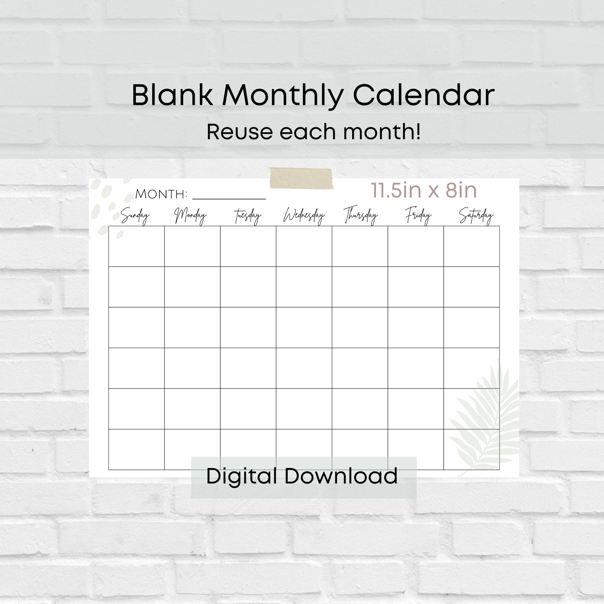Minimalist Blank Calendar Printable Reuse-able Home Office Decor ...