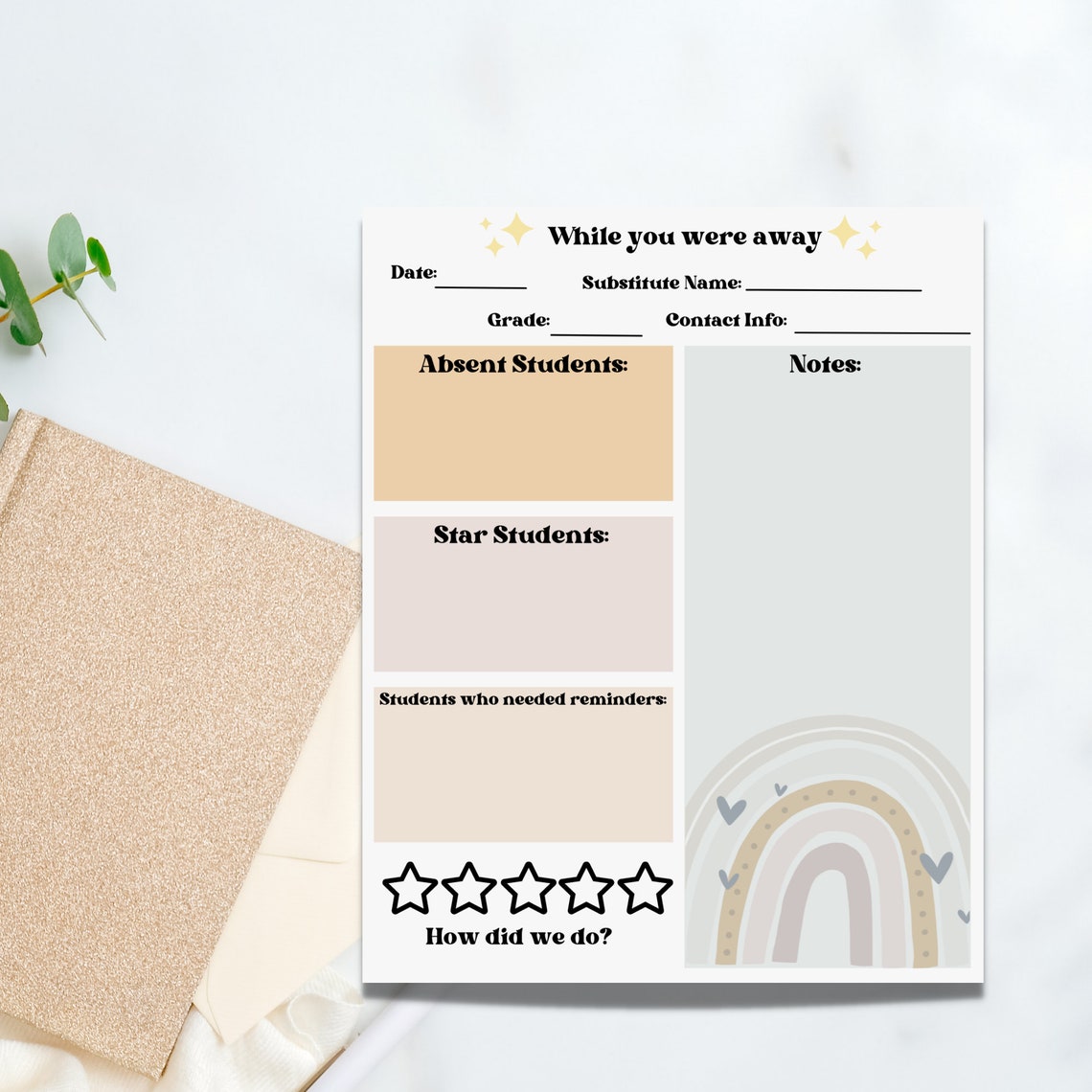 Boho Rainbow Substitute Feedback Form Digital Download Back - Etsy