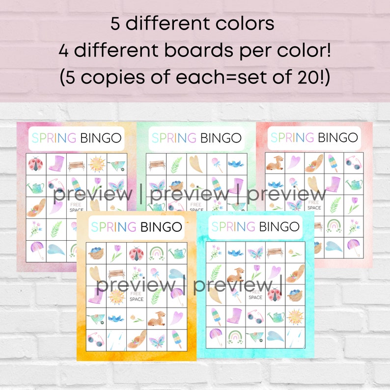 Spring Themed Bingo Cards Instant Download Watercolor Bingo Cards ...