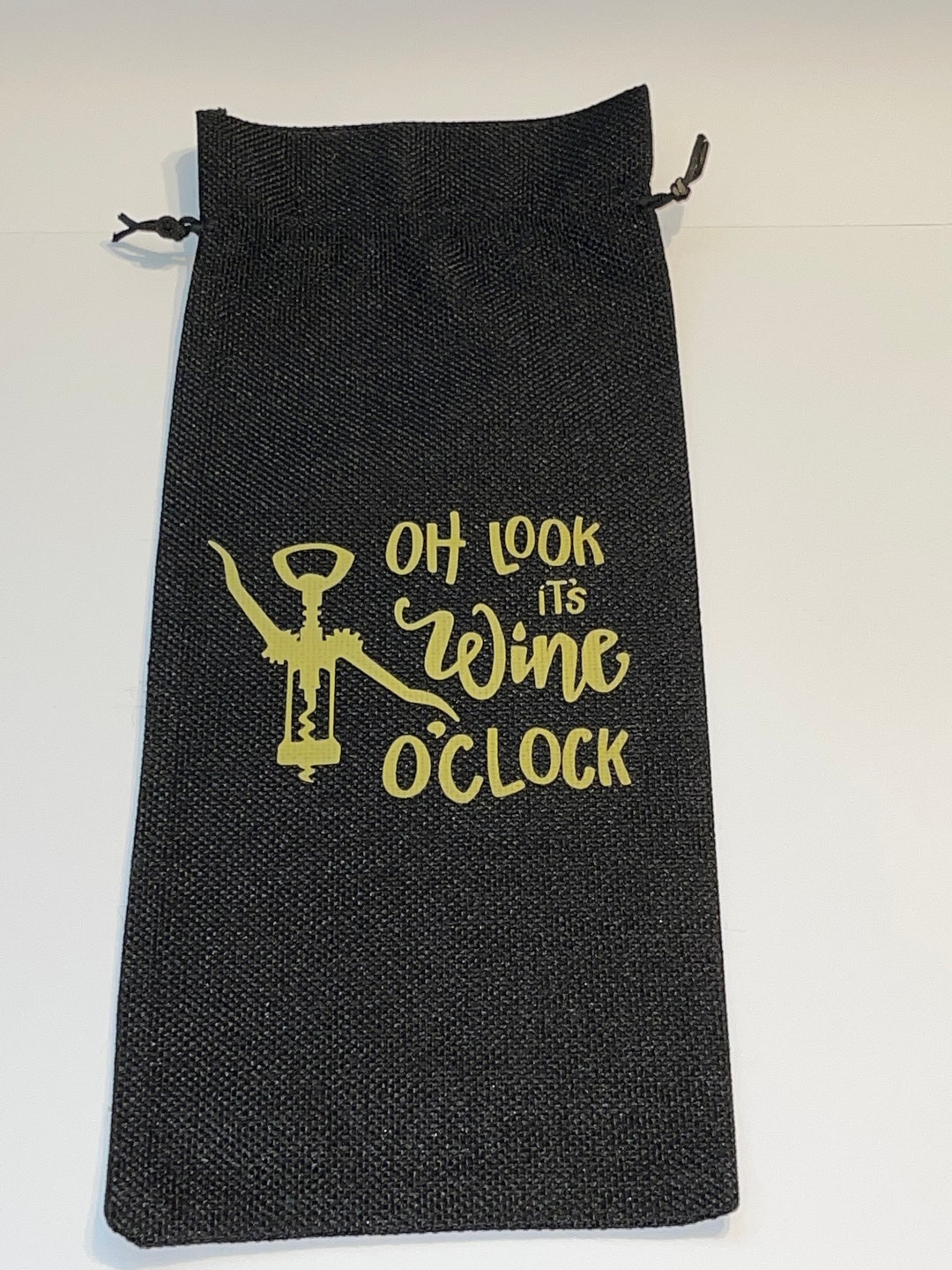Oh Look It's Wine O'clock - Large Wine Bottle Bag - Black Burlap & Gold ...