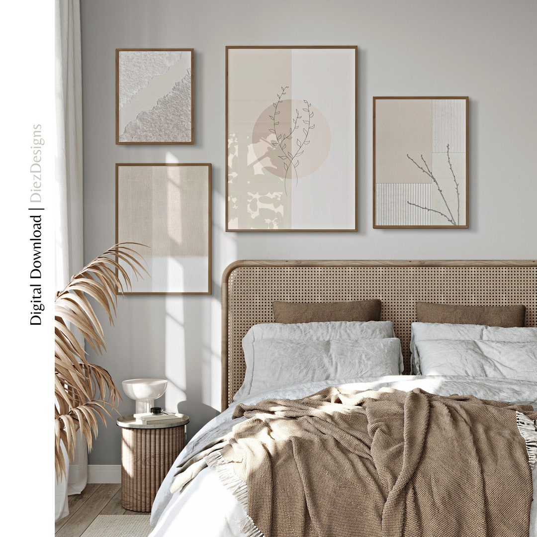Abstract Gallery Wall Art Set of 4 Prints, Neutral Relaxing Bedroom and ...