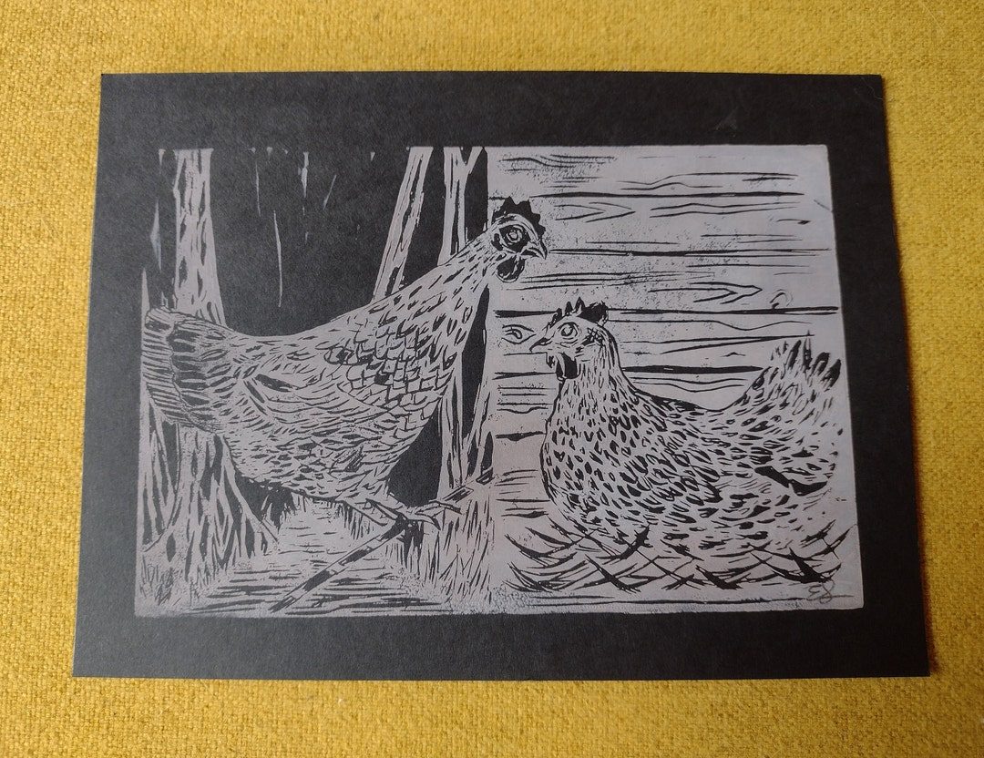 Bedtime Chickens Original Art Lino Cut Print Printmaking Hand - Etsy