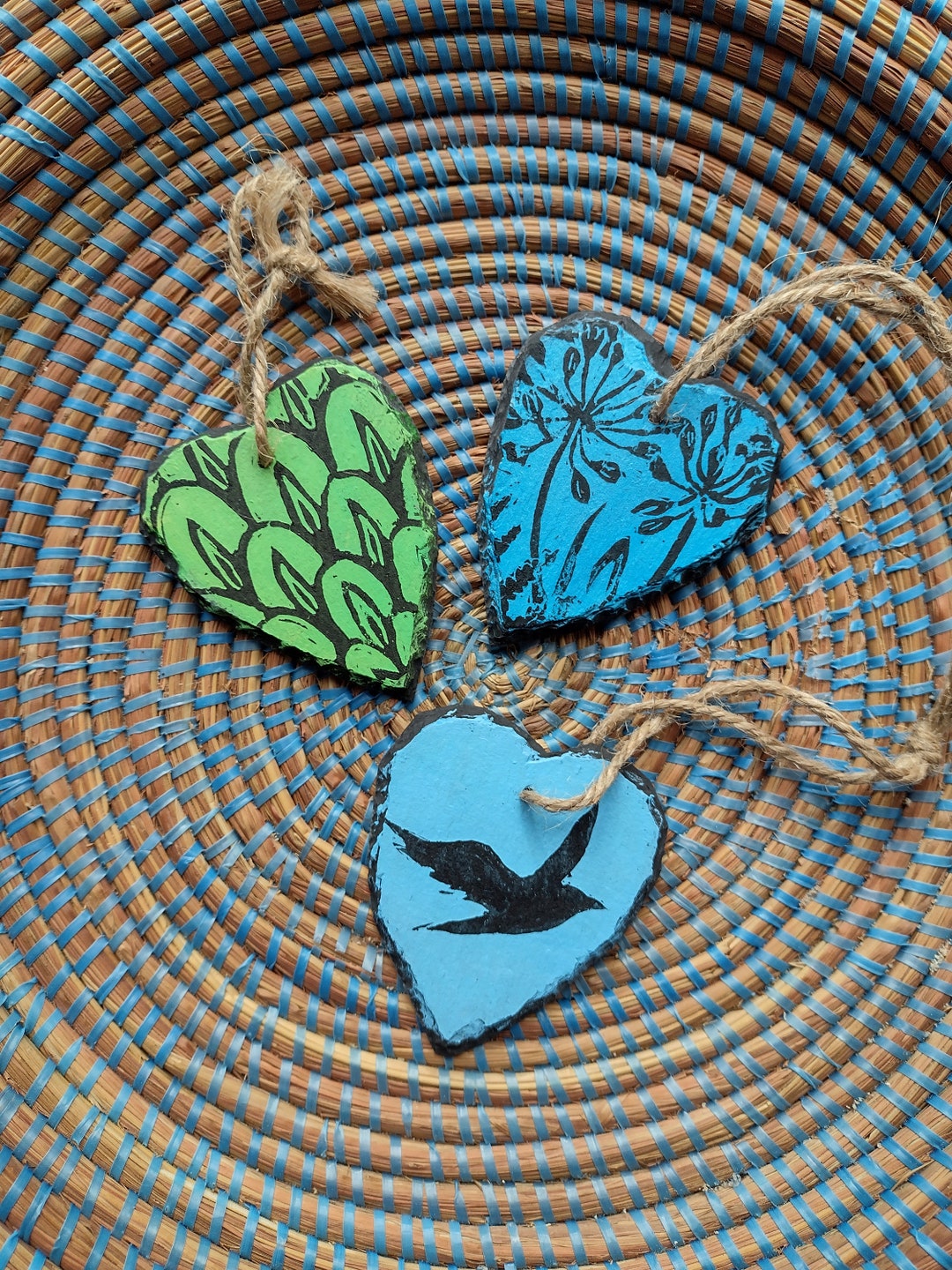 Set of Three Rustic Linocut Hand Painted Hand Printed Slate - Etsy