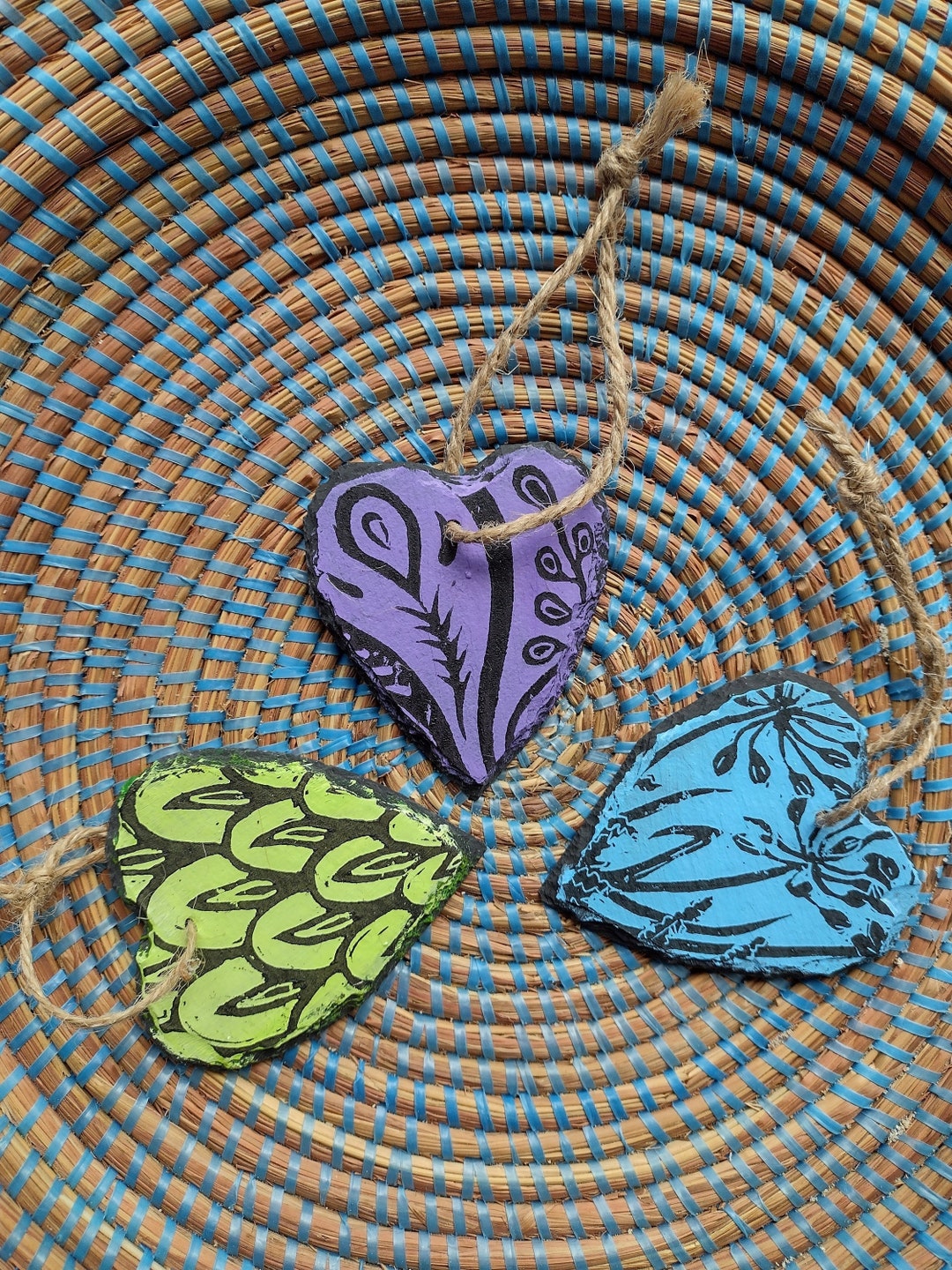 Set of Three Rustic Linocut Hand Painted, Hand Printed Slate Heart ...