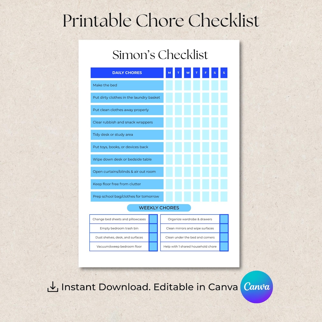 Editable Boys Chore Chart Printable, Cleaning Routine, Daily & Weekly ...