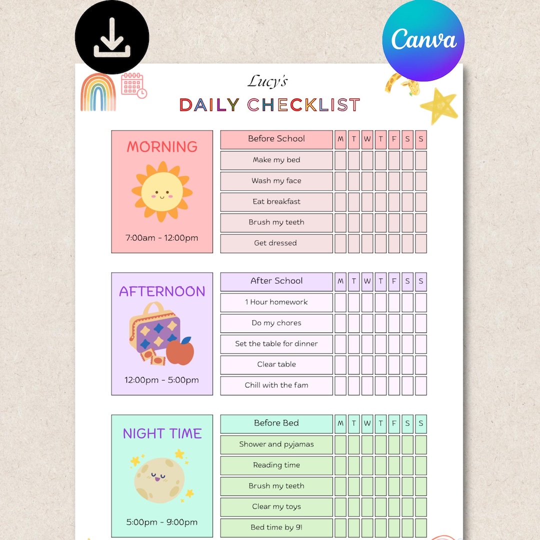 School Kids Routine Chart Printable Daily Checklist for Morning After ...
