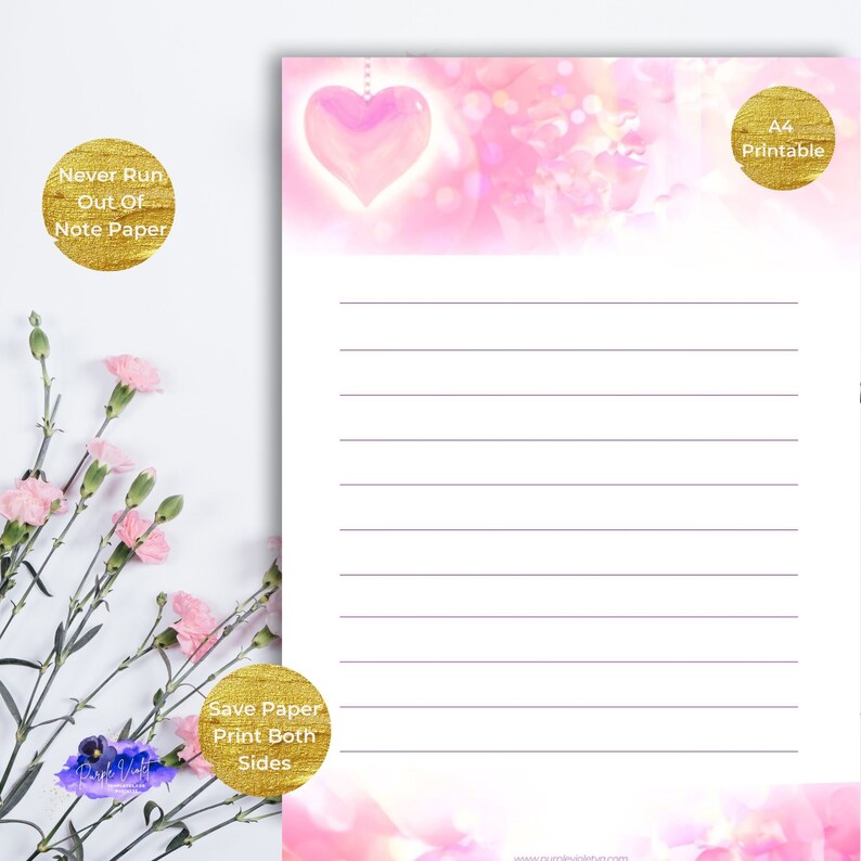 DIGITAL PAPER Pink Hearts Printable Stationery A4 Lined Paper Printable ...