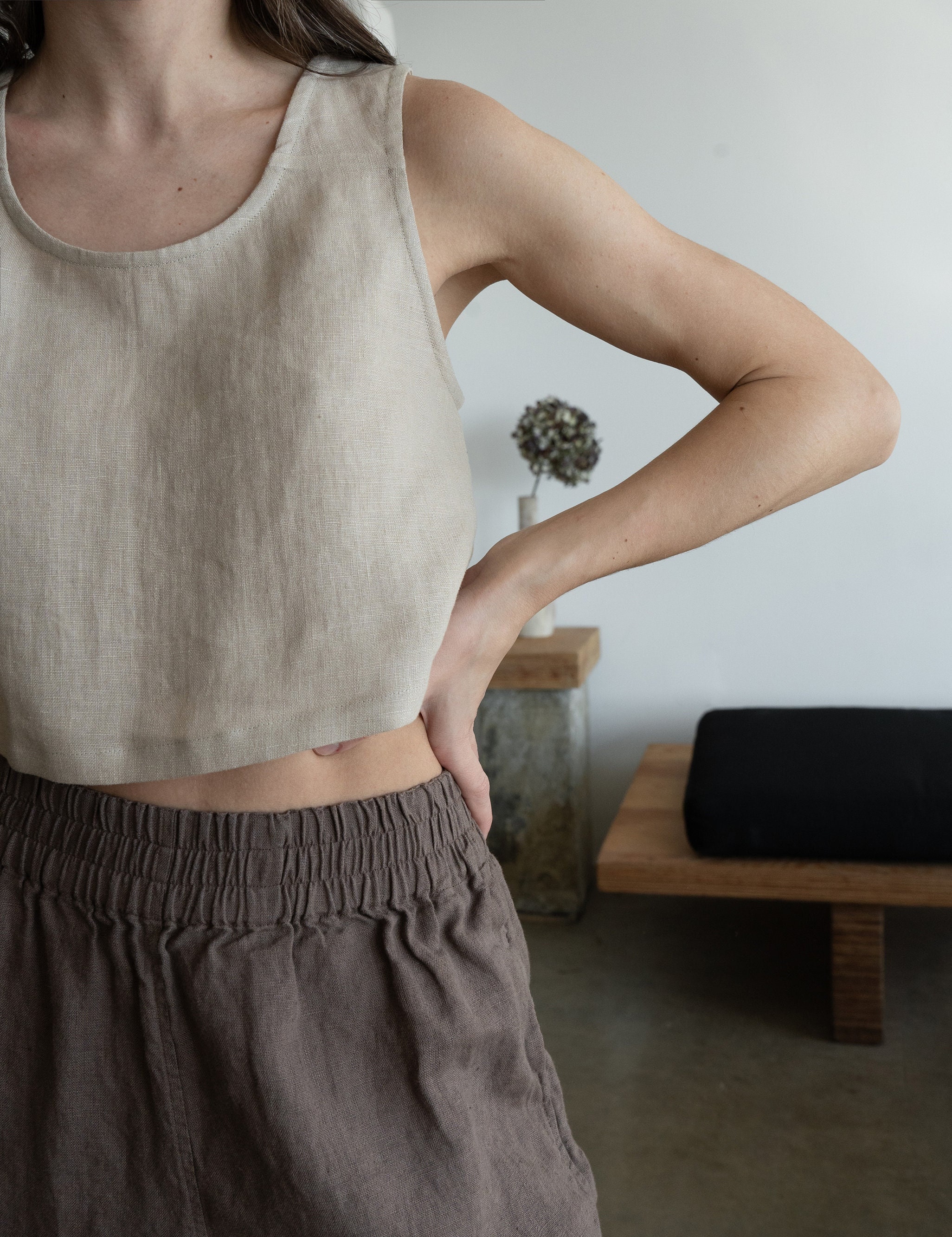 RUE 100% Linen Crop Tank Top for Women Simple Wide Straps Sleeveless ...