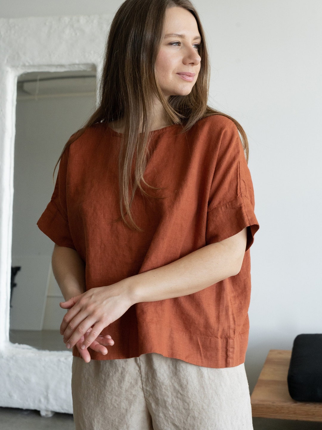 Oversized Linen T-shirt MONA: Boxy Short Sleeve Top, Handmade in NYC - Etsy