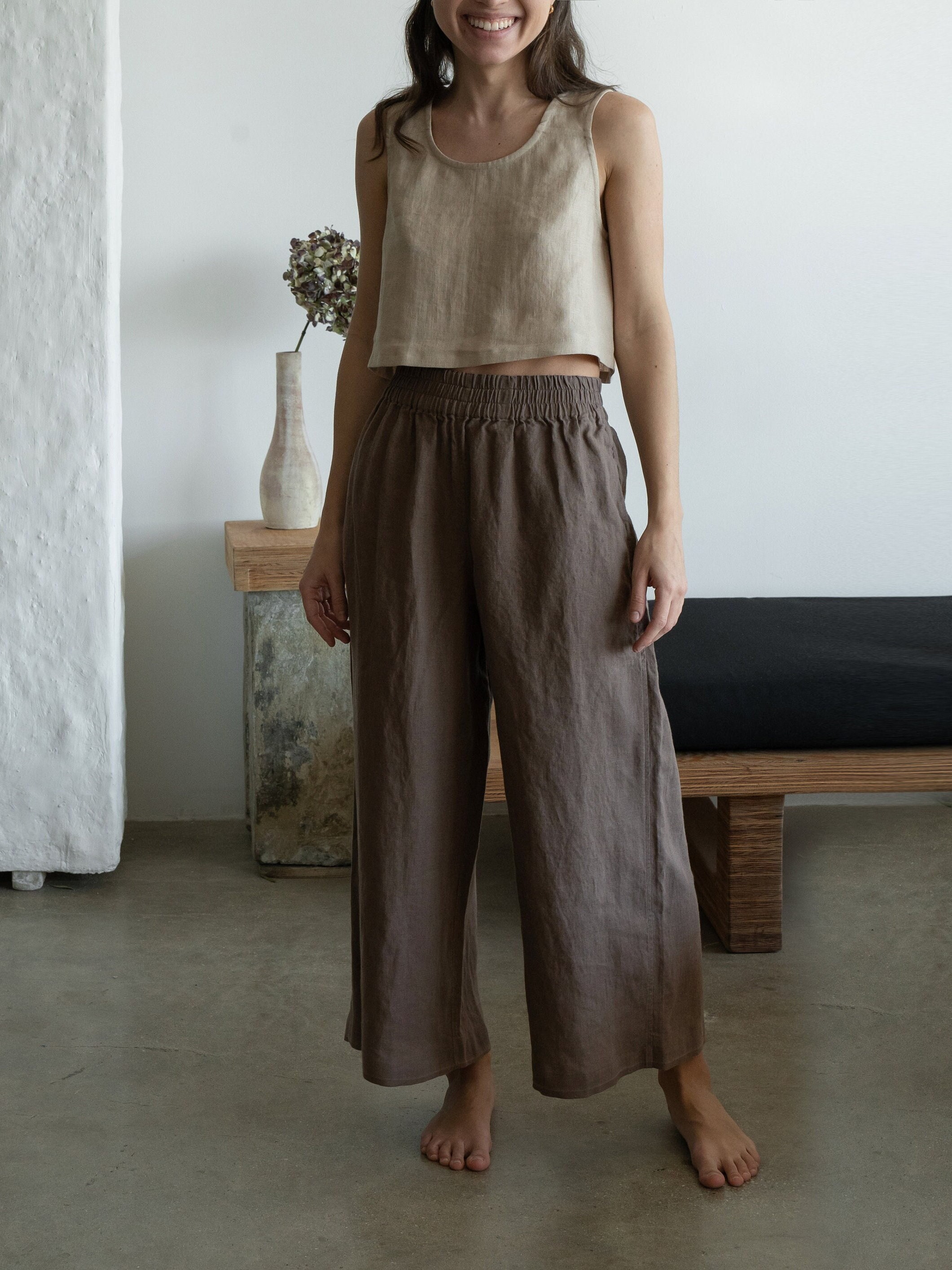 RUE 100% Linen Crop Tank Top for Women Simple Wide Straps Sleeveless ...