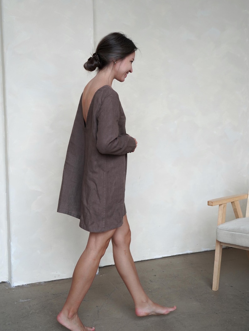 Open Back Long Sleeves Linen Dress KAI, Loose Backless Mini Dress, Soft ...