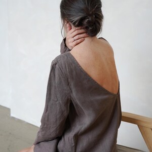 Open Back Long Sleeves Linen Dress KAI, Loose Backless Mini Dress, Soft ...