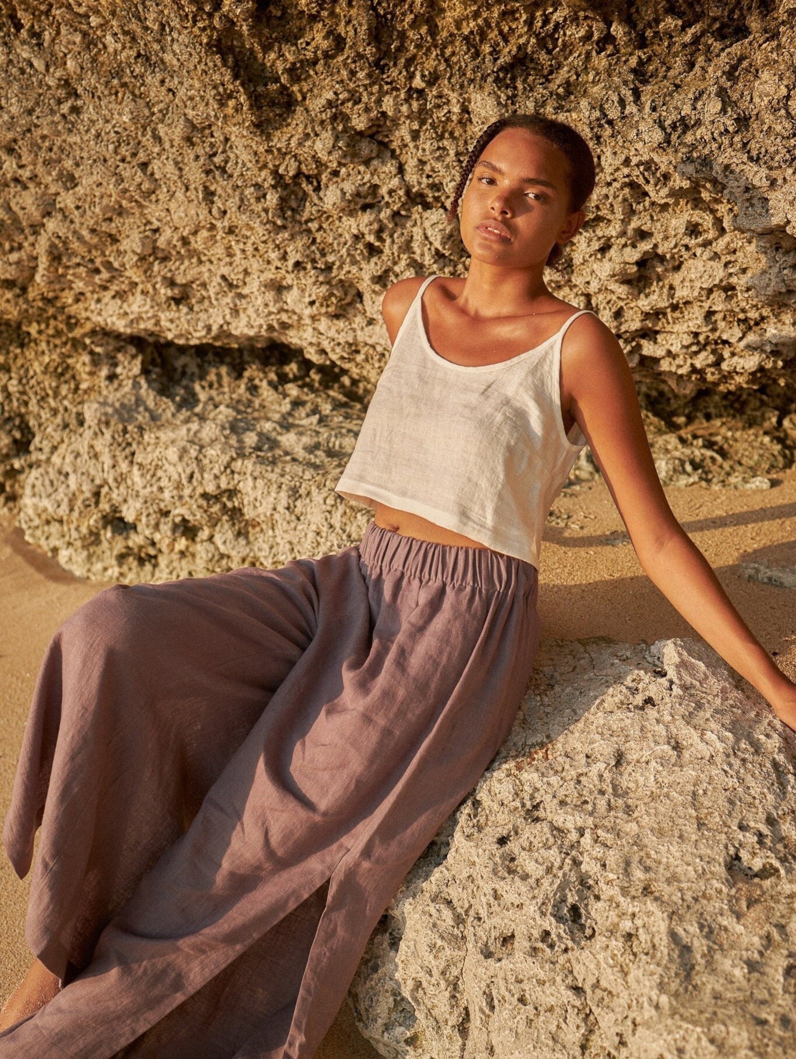 Linen Crop Top COS, 100% Soft Linen Loose Fit White Boxy Short Tank Top ...