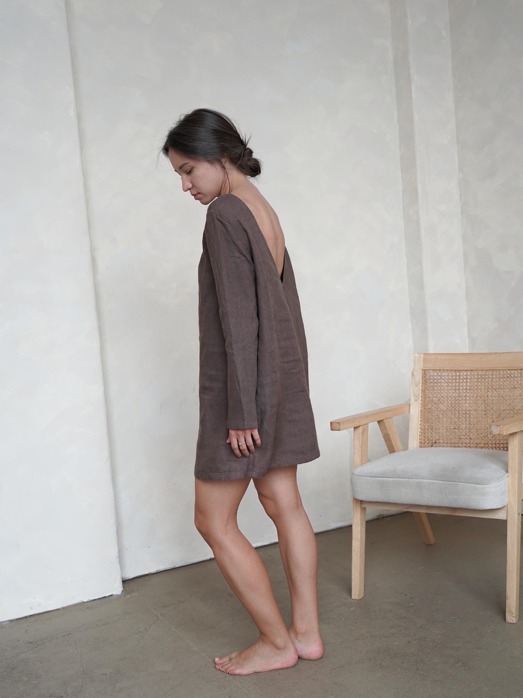 Open Back Long Sleeves Linen Dress KAI, Loose Backless Mini Dress, Soft ...