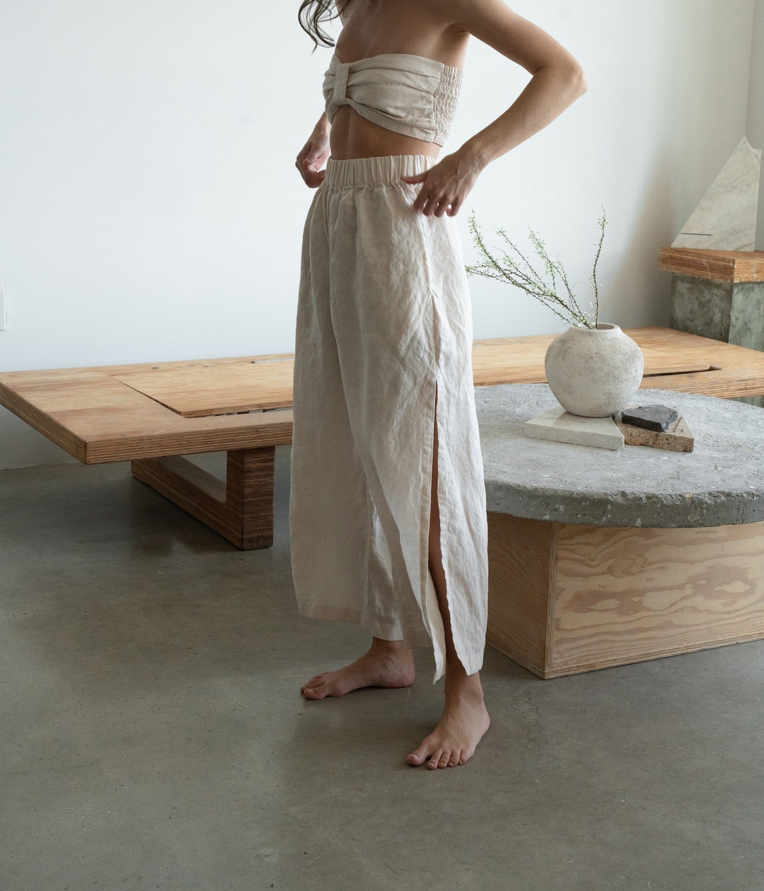 MAVI Linen Side-slit Wide-leg Pants for Women Culottes With Pockets ...