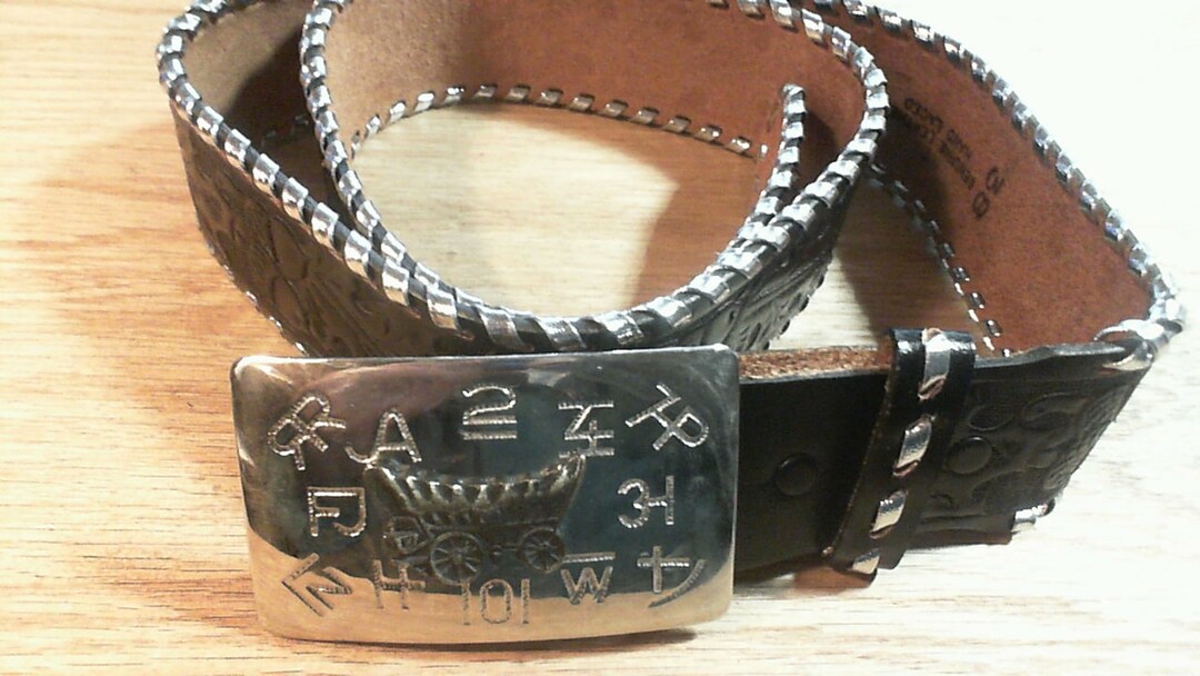 Chambers Belt and Buckle Tooled Leather Silver Brands and Wagon Size 38 ...