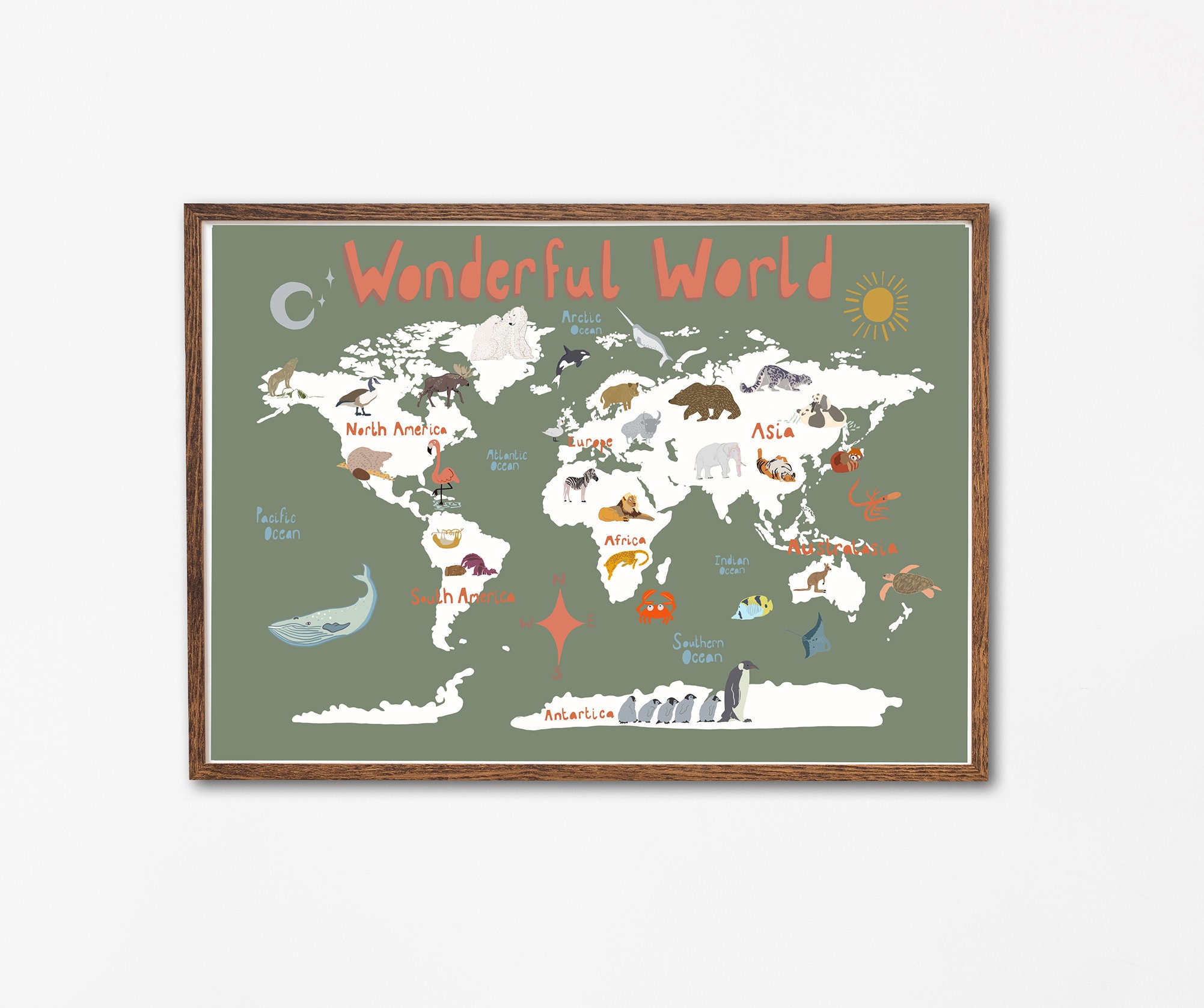 World Map Illustrated With Iconic Animals, Continents and Oceans for ...