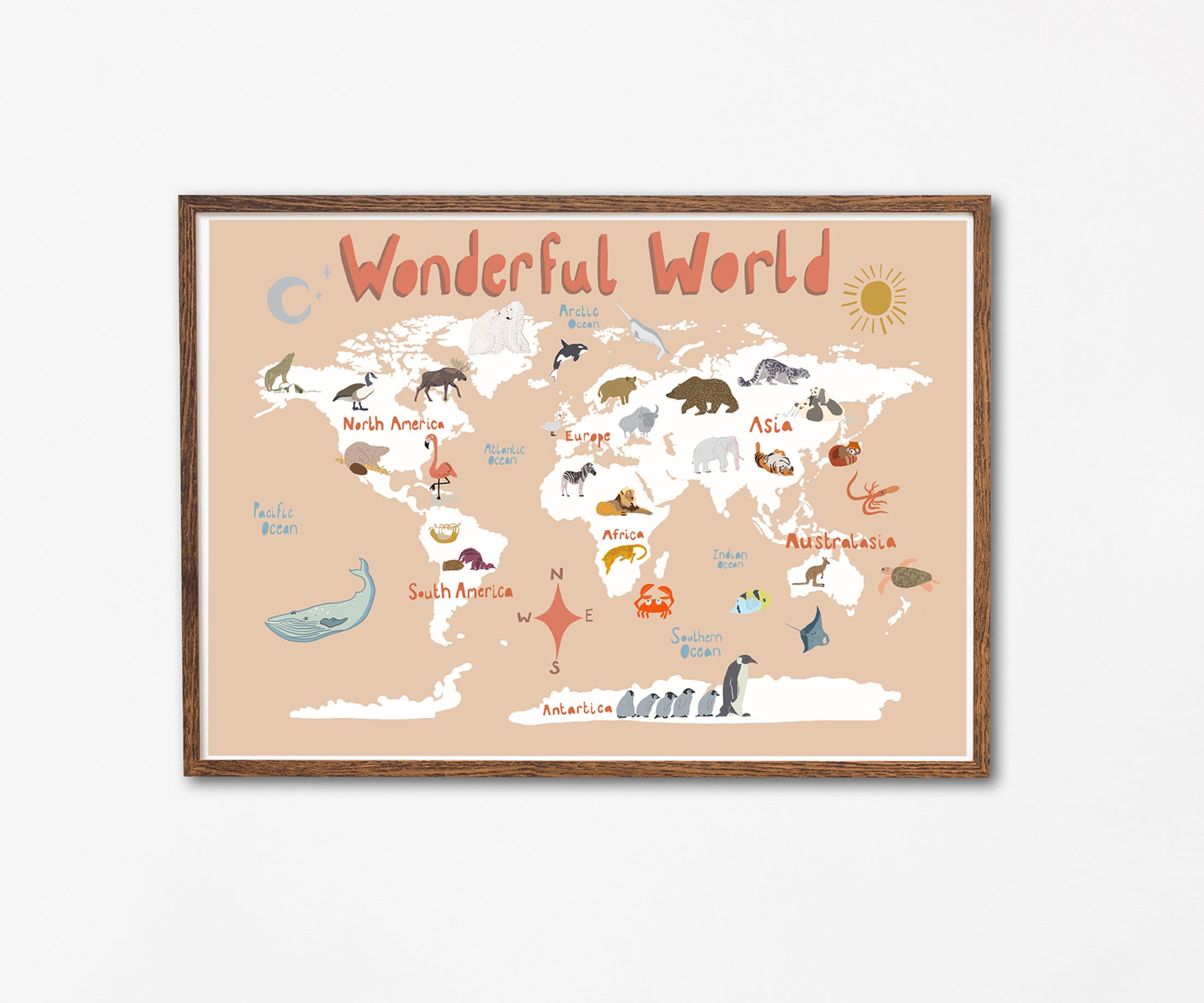 World Map Illustrated With Iconic Animals, Continents and Oceans for ...