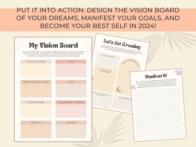 Vision Board Planner 2024, Printable Journal Pages, Manifestation ...