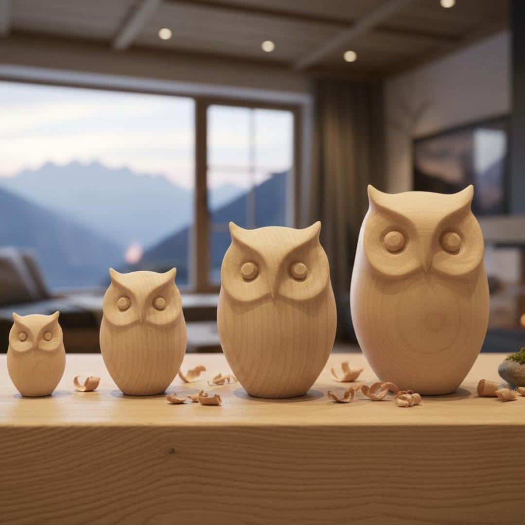 Pine Wood Owl in 4 Sizes - Stone Pine Decor - Modern Wooden Owl ...