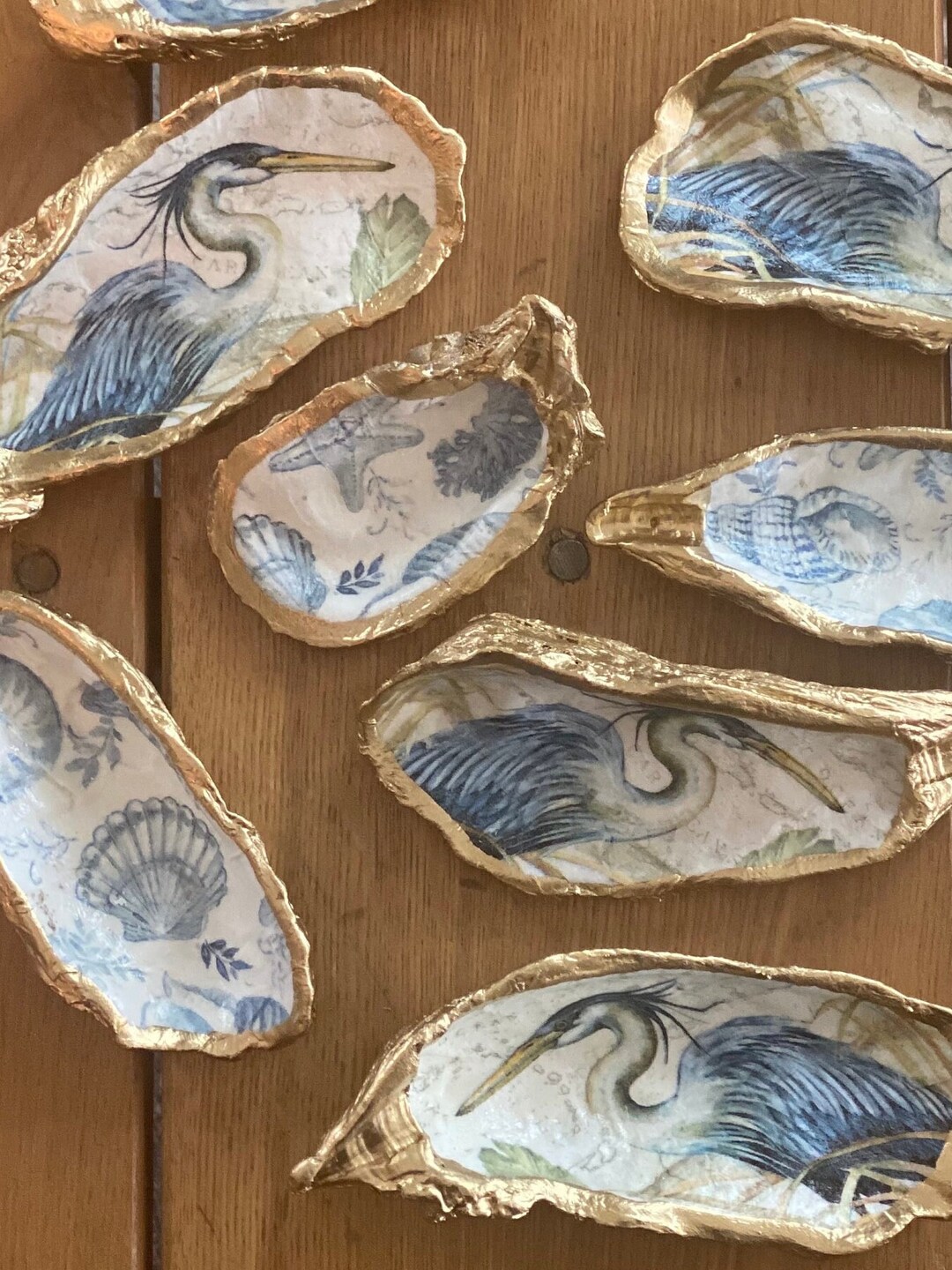 Oyster Shell Ring Trinket Dish, Coastal, Heron, Seashells, Blue & White ...