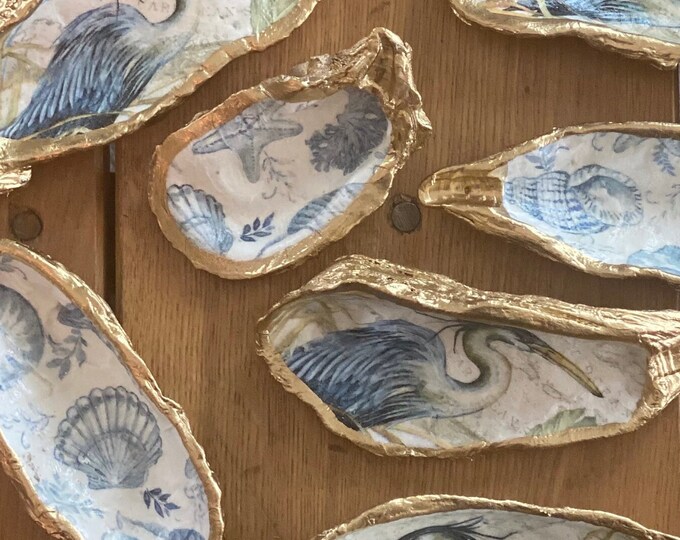 Oyster Shell Ring Trinket Dish, Coastal, Heron, Seashells, Blue & White ...