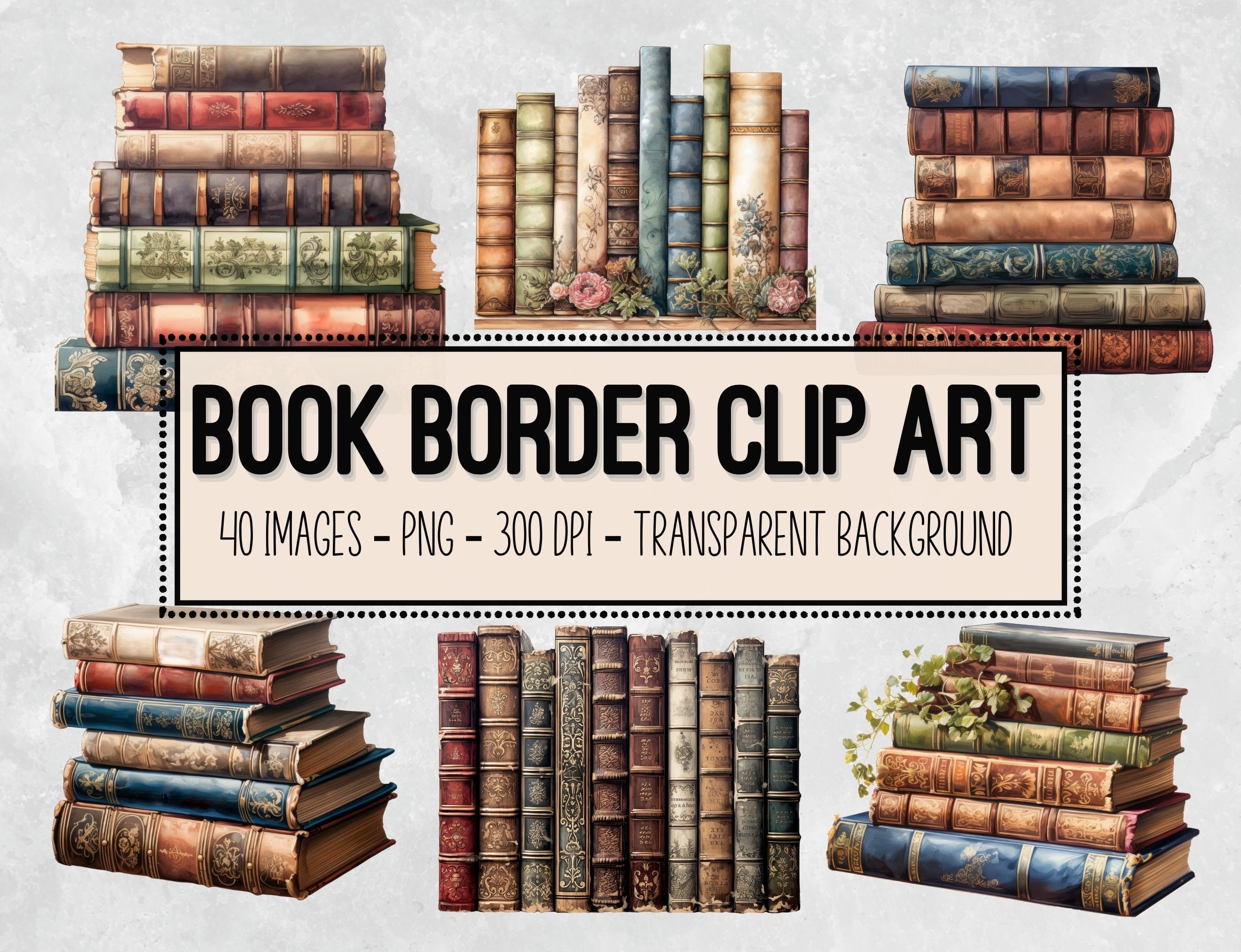 Book Clipart, Book Border, Bookshelf, Watercolor Clipart, Book Lovers ...