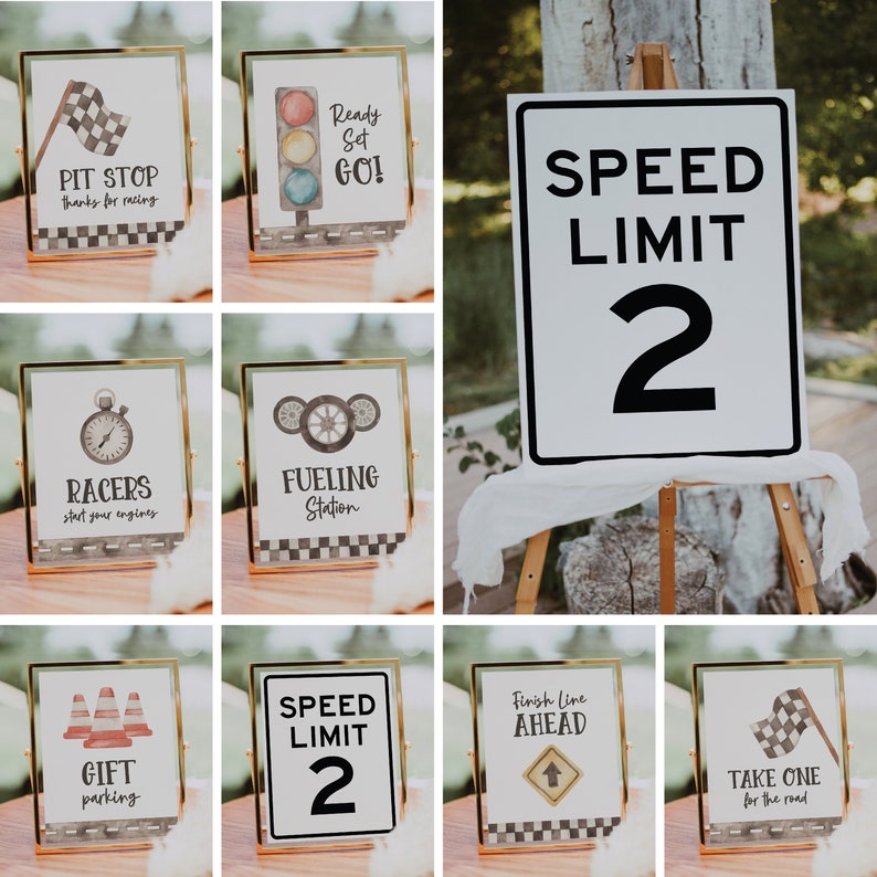 Race Car Party Signs, Editable Speed Limit Sign, Printable Vintage ...