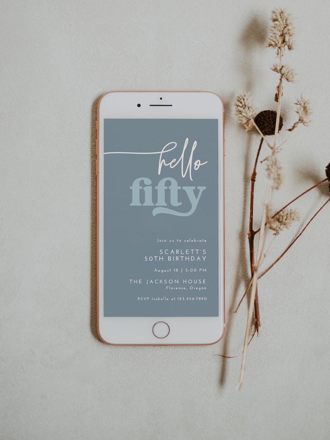 EDITABLE Hello 50 Birthday Dusty Blue Digital Invitation - Etsy