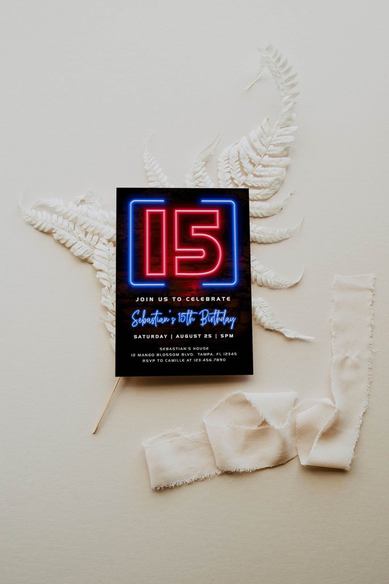 Blue Neon 15th Birthday Theme Invitation for Boy, Red Neon Theme Boy ...