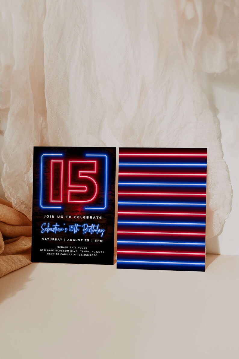 Blue Neon 15th Birthday Theme Invitation for Boy, Red Neon Theme Boy ...